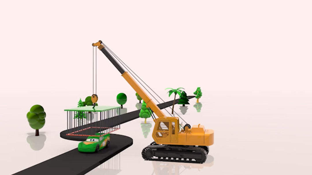 工程车施工动画 第49集 起重机解救被困的小汽车