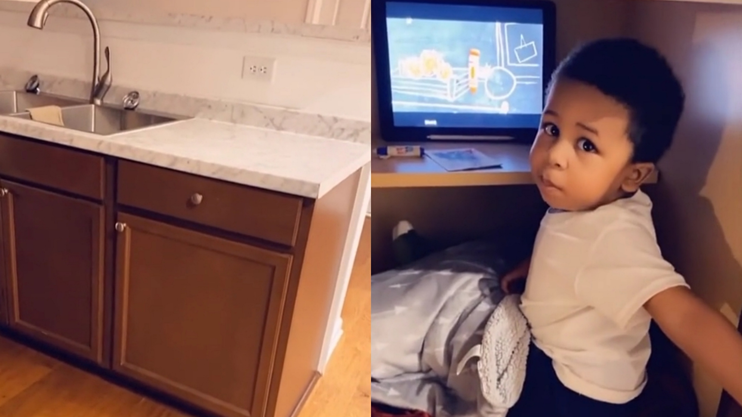 2岁男孩藏在橱柜里吃零食看动画,被发现后的小眼神绝了!