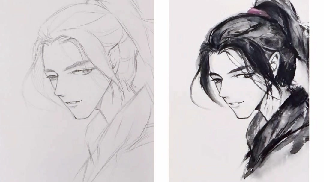 水墨古风男子绘画教程【单色素描】