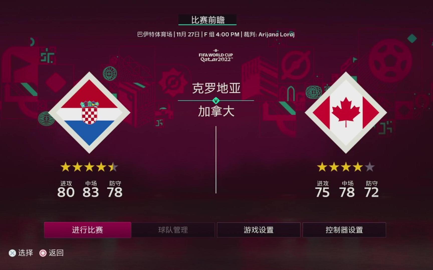克罗地亚VS加拿大 PS5 FIFA23 2022卡塔尔世界杯预演 F组 第二轮...