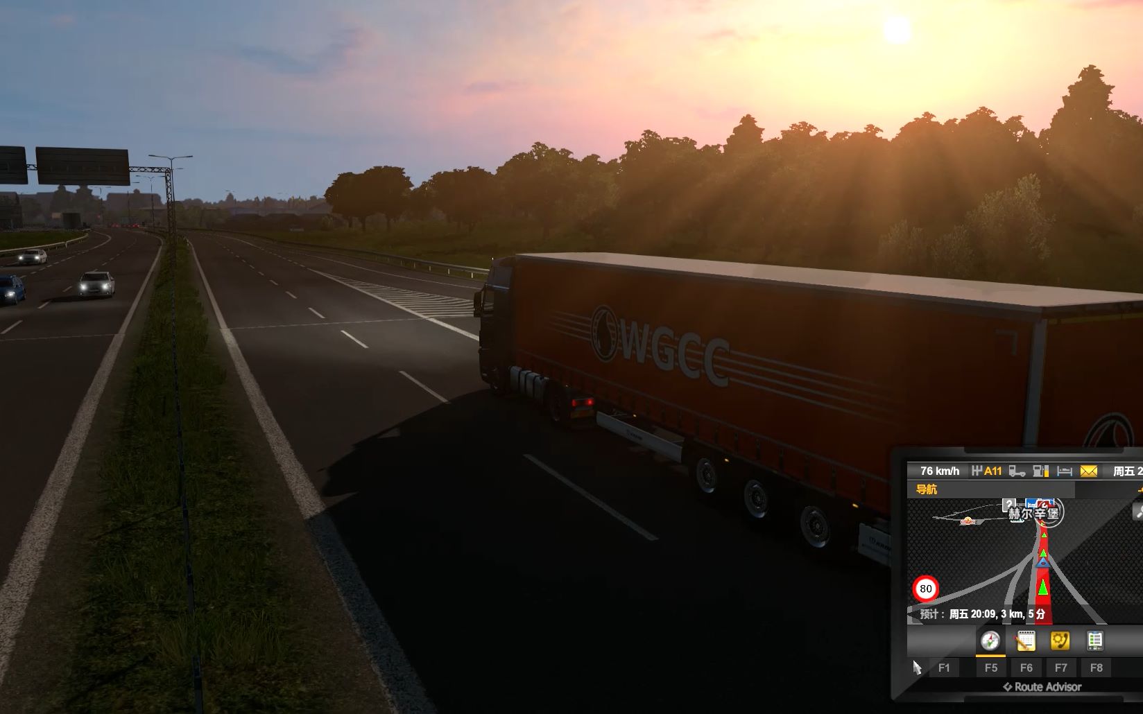 欧洲卡车模拟1,瑞典晚上8点的天还亮着,一路乡间小路,景色优美。从...