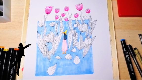 针管笔郁金香插画