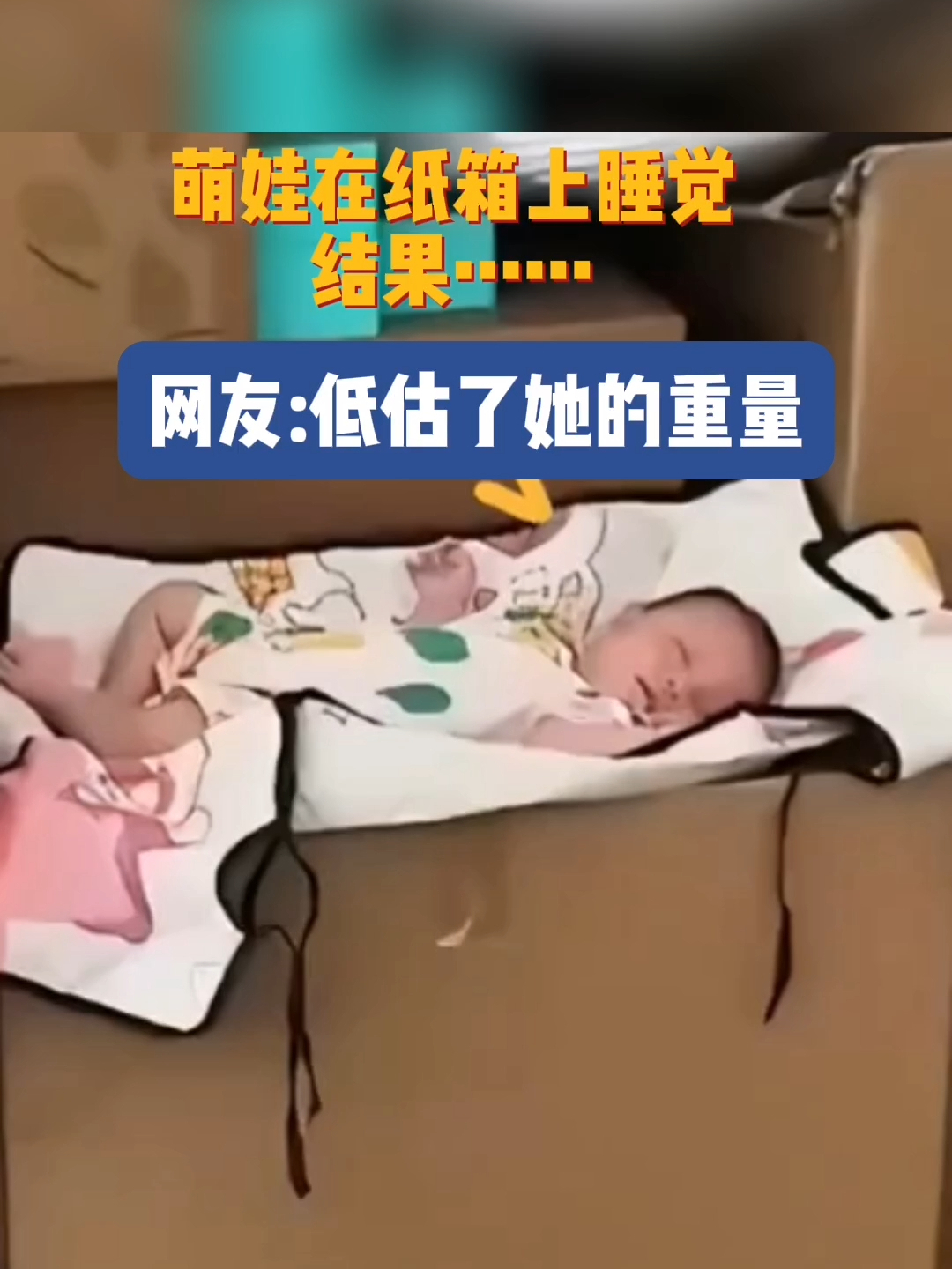 萌娃在纸箱上睡觉结果……网友:低估了她的重量
