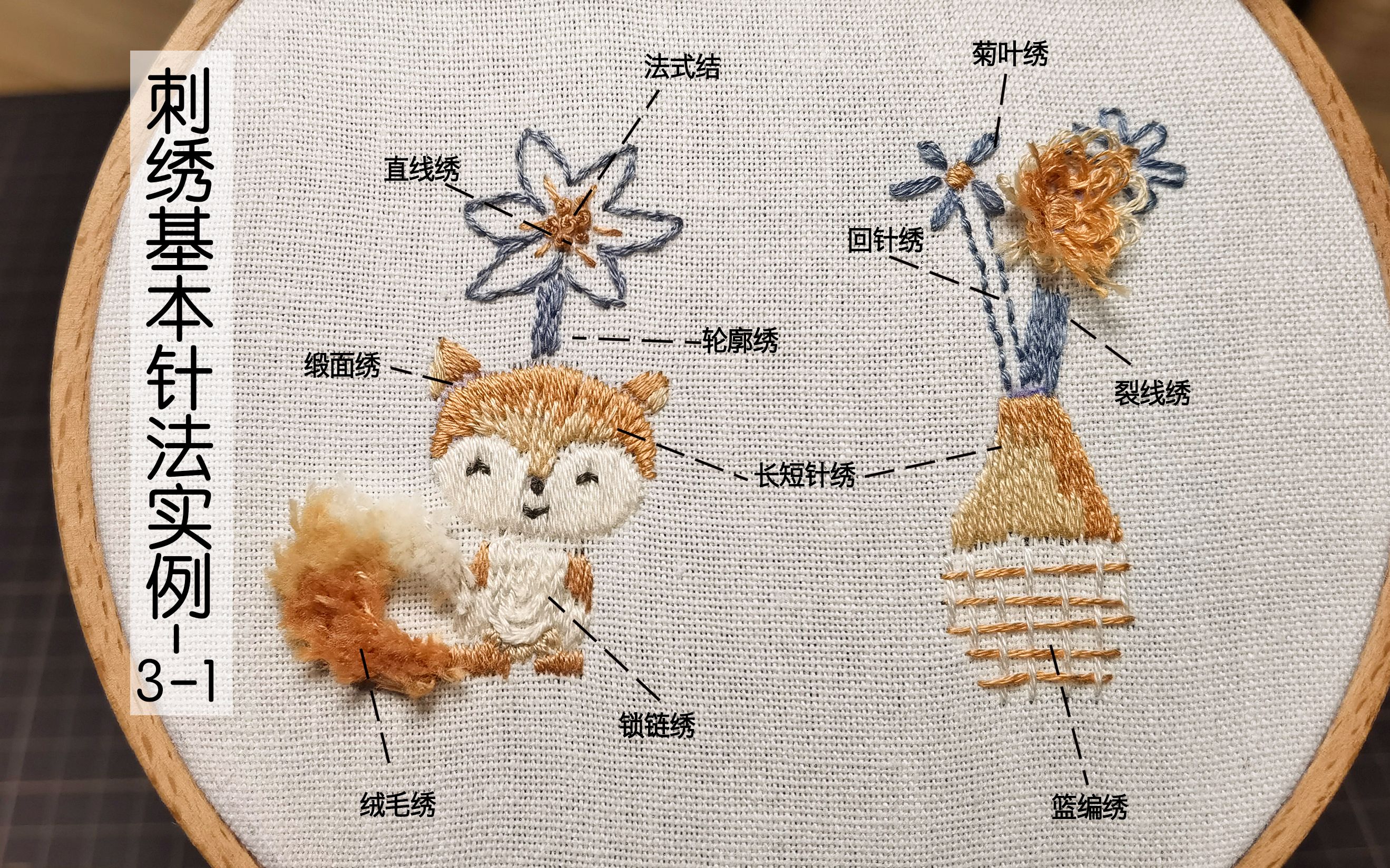 刺绣基本针法实例01(直线绣 & 回针绣 & 裂线绣 & 轮廓绣 & 法式结 ...
