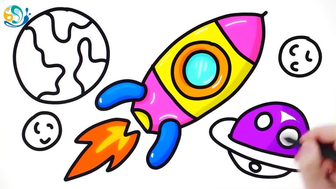 儿童简笔画,如何画飞上太空的火箭