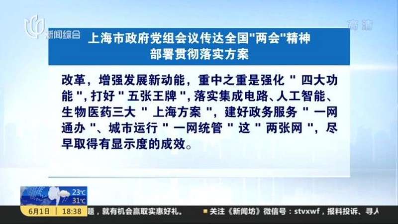 上海市政府党组会议传达全国“两会”精神 部署贯彻落实方案