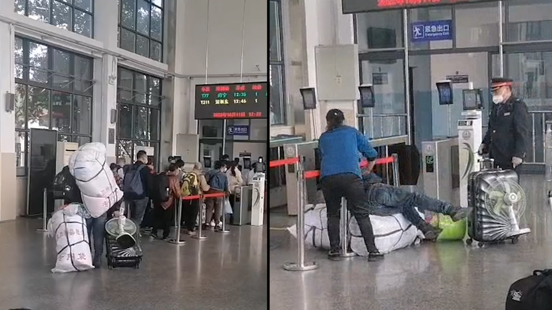 男子带大包小包进站默默排最后,一路跌跌撞撞,保洁员多次上前帮扶