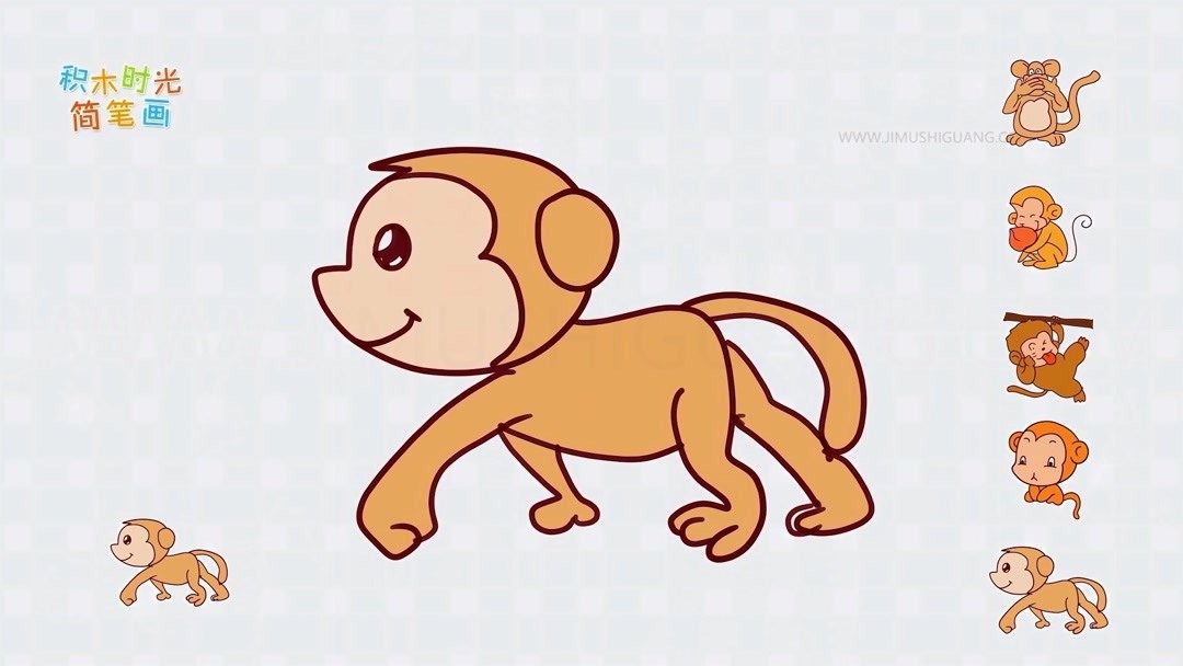 可爱的猴子简笔画,一边学画画一边学英语,积木时光儿童画大全