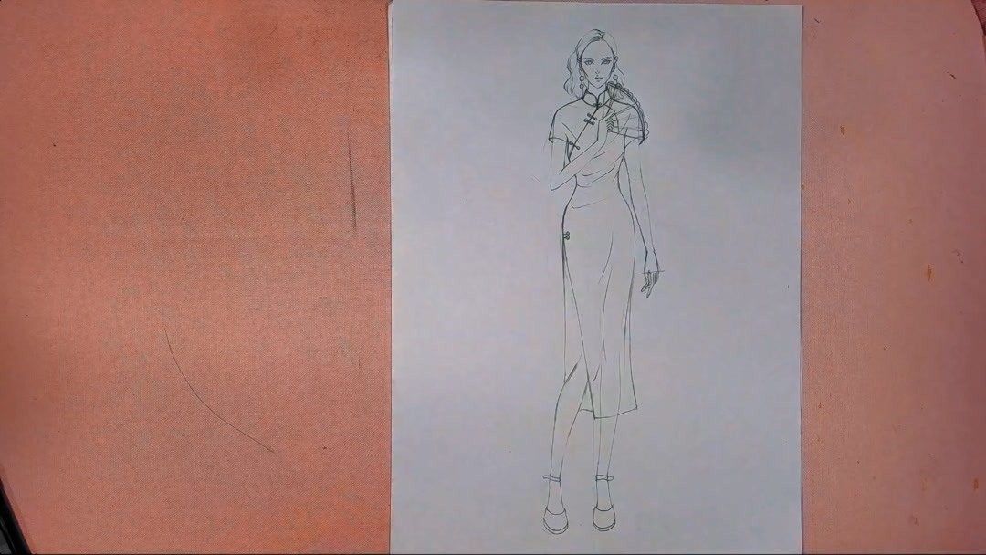 服装设计手绘学习:红色旗袍时装画线稿