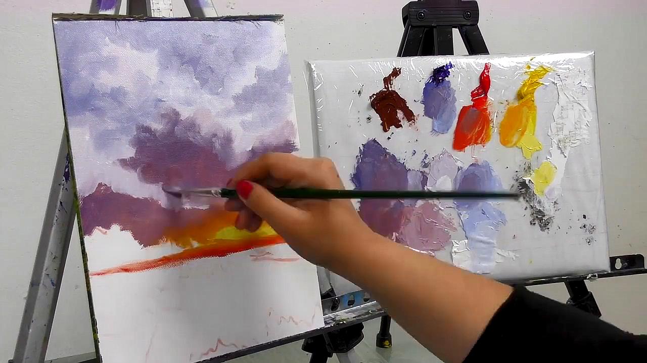 简单的手绘夕阳油画 重点是色调得好