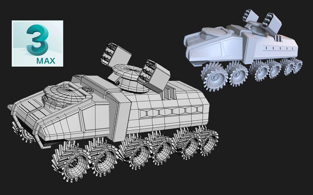 【3dmax建模教程】游戏导弹装甲车模型建模教学!sp贴图制作模型!