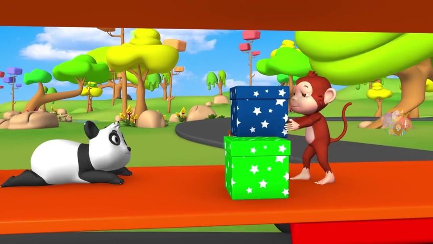 森林里的小动物,有趣的猴子从运输卡车上扔下大象熊猫的礼品盒