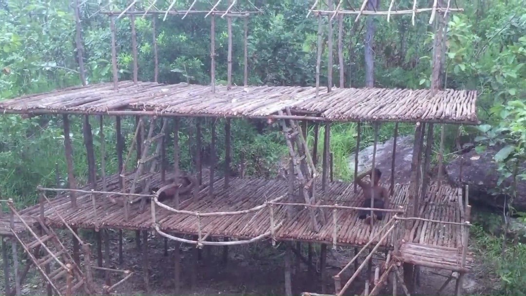 生存兄弟在树林用原始方法建造木房子,纯木质设计太结实啦