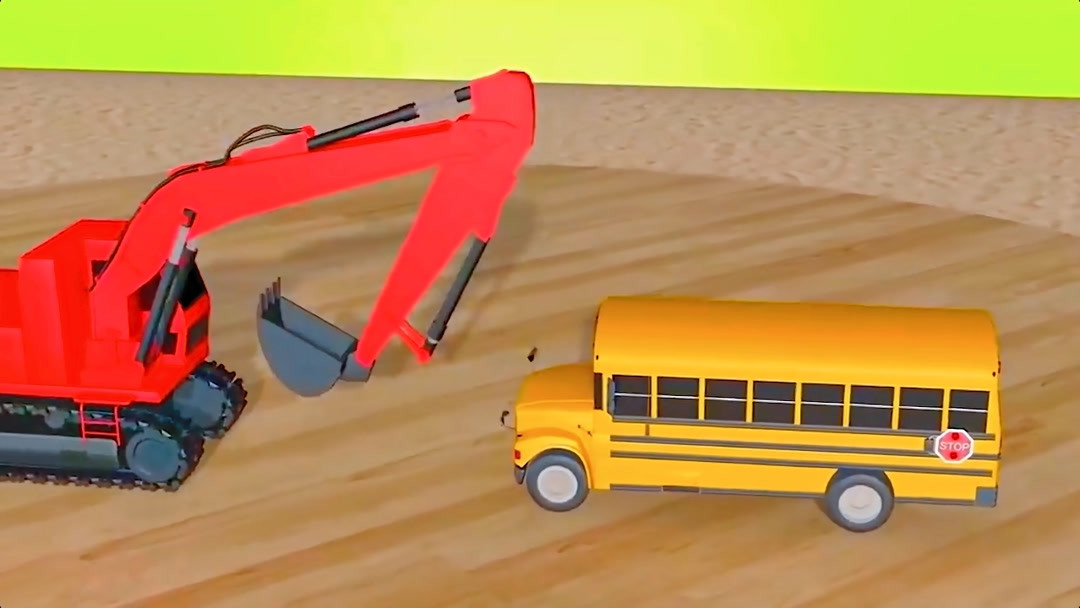 少儿卡通动画 拖拉机头被校车推进红色溶液里 挖掘机 卡车 货车