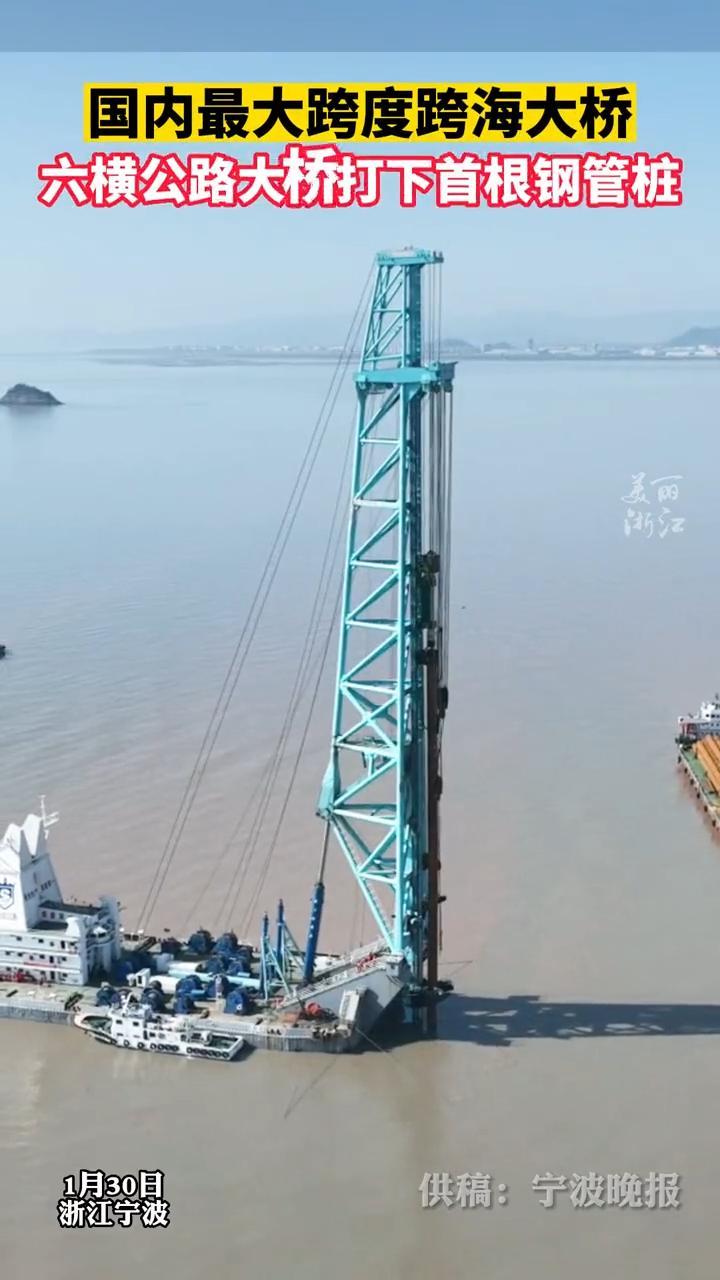 国内最大跨度跨海大桥,首根钢管桩试桩成功!(供稿:宁波晚报) #浙江dou...