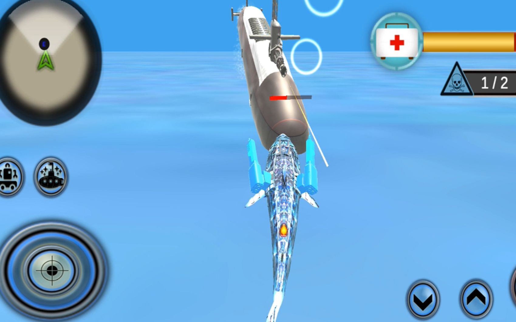 机器人战斗模拟,鲨鱼机器人海底追击潜水艇,一枪打爆它