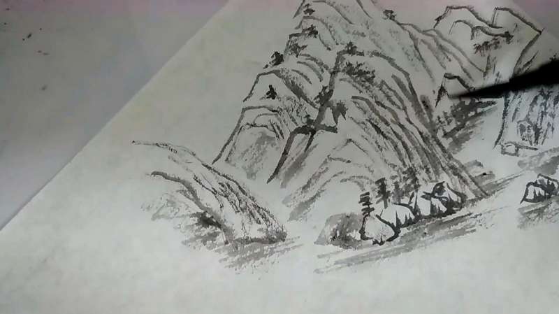 国画基础,披麻皴法画山脉,虚实相生