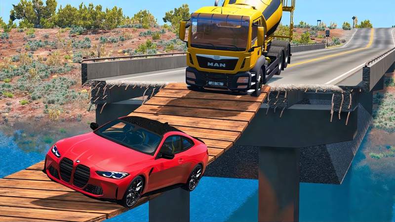 车祸模拟器:桥面塌了,警车帮忙搭建吊桥(助力各种汽车过桥)