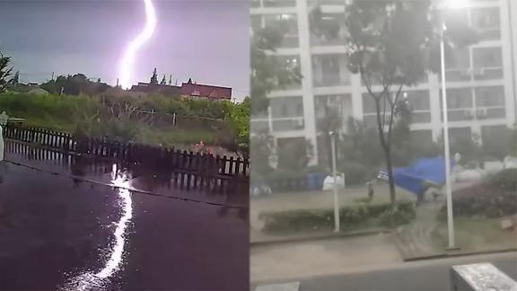 雷电大风双预警!上海突降暴雨:狂风骤雨肆虐 紫色闪电直劈大地