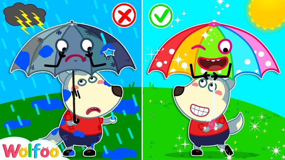 沃尔夫动画:下雨了,沃尔夫自制彩色雨伞!