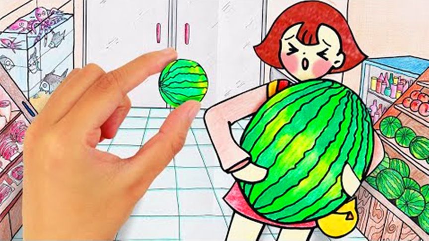 趣味定格动画:购物狂的初体验,小美最后能把大西瓜买回家吗?