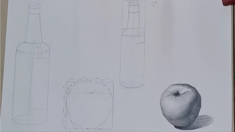 素描,啤酒瓶,苹果结构画法,及苹果的调子!