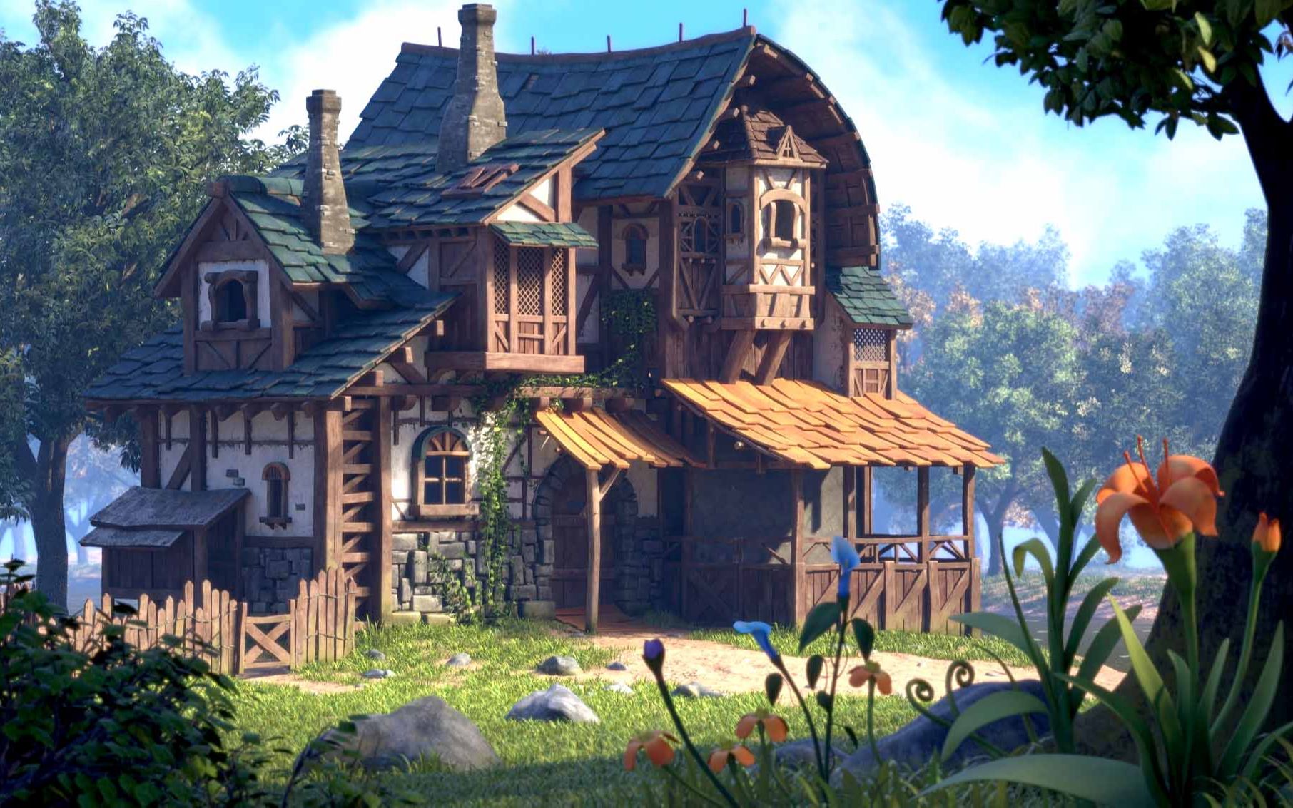 ...卡通动漫“森林小屋”场景建模,次世代场景模型布线卡线制作,3D建模