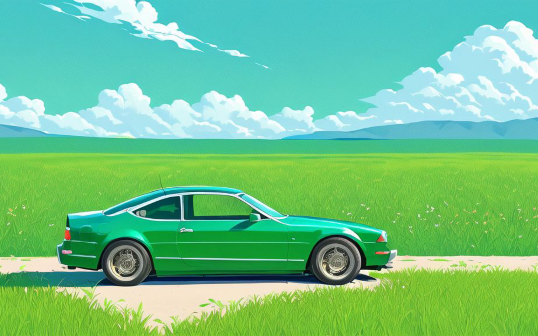 【AI绘画】在草地的绿皮汽车