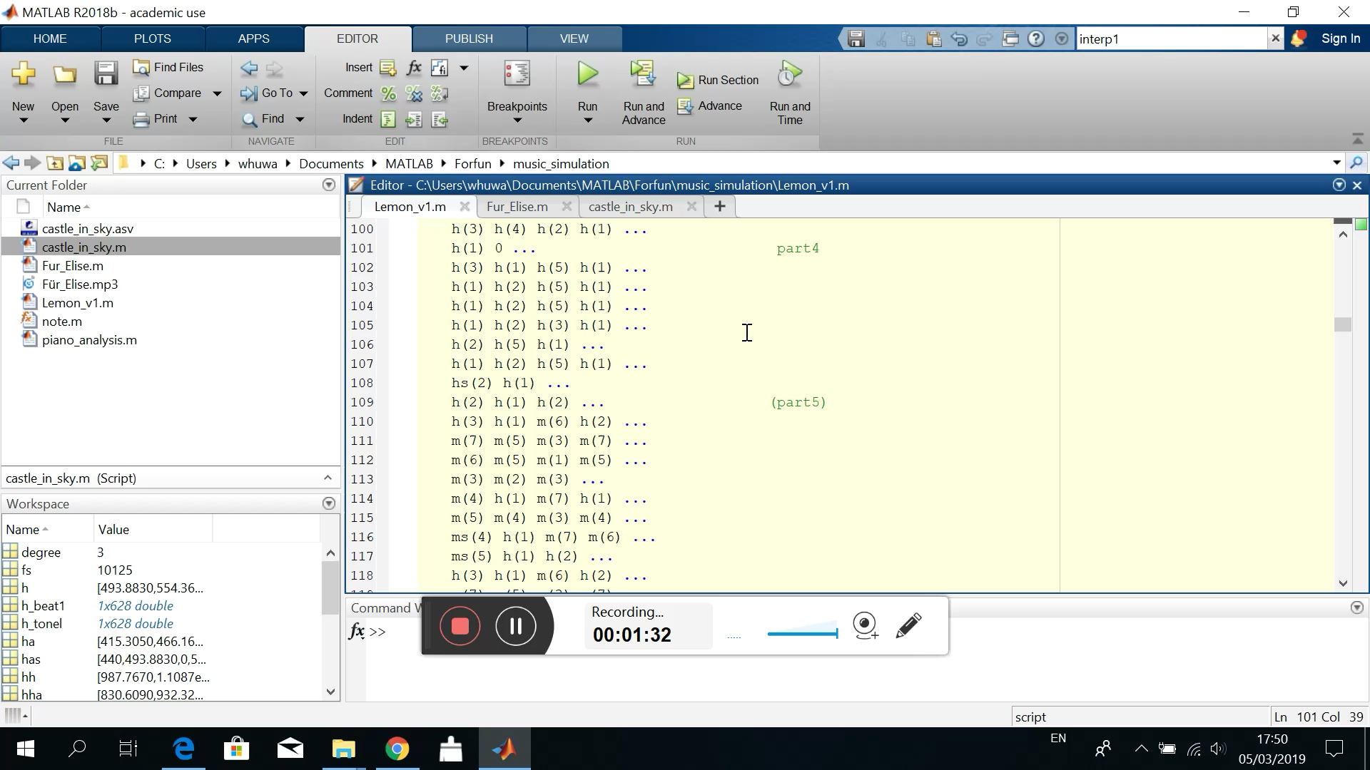 【电音之王matlab】Lemon单音简单完整版