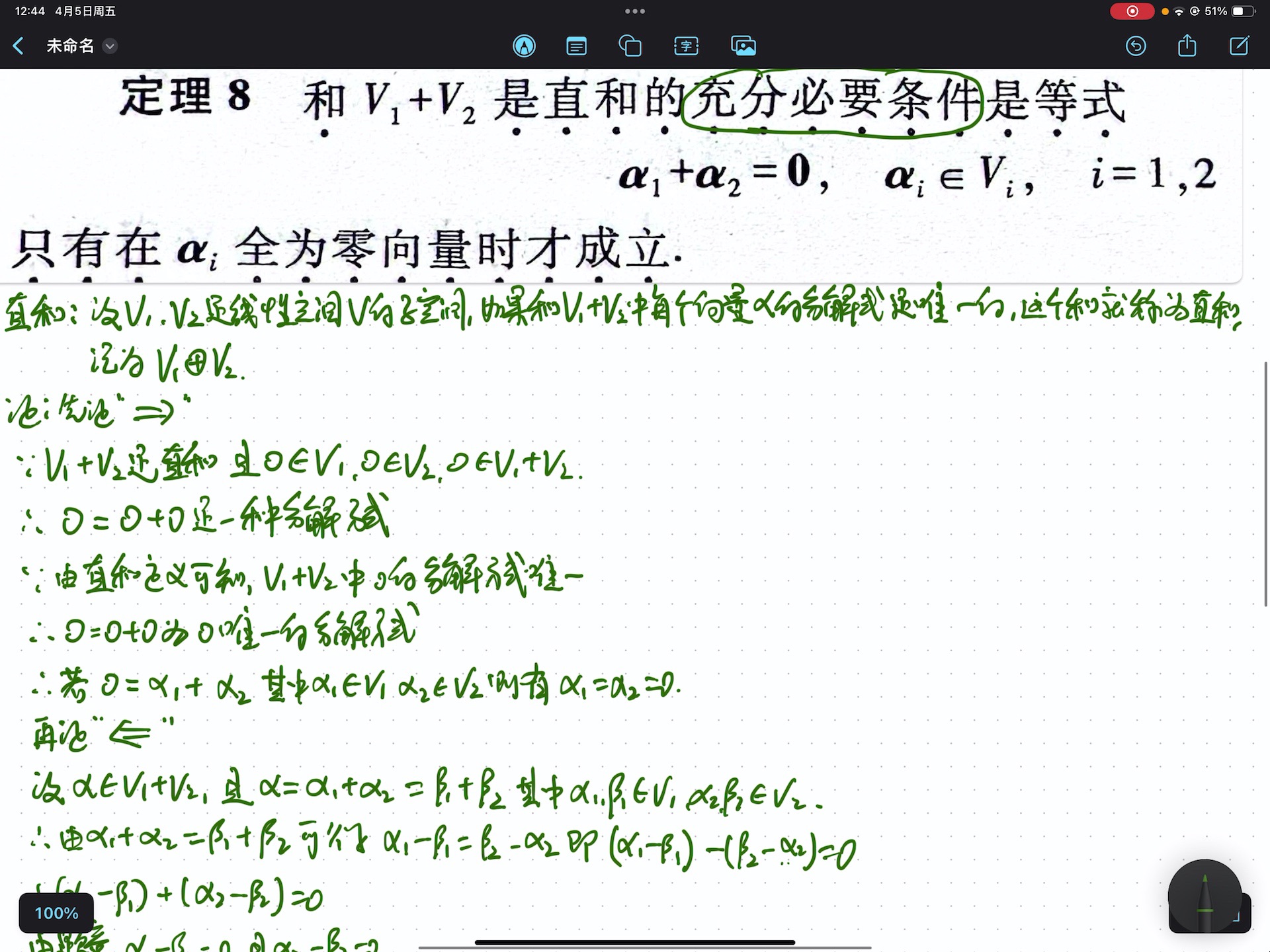 【线性代数】定理6.8子空间的和为直和的充要条件(一)