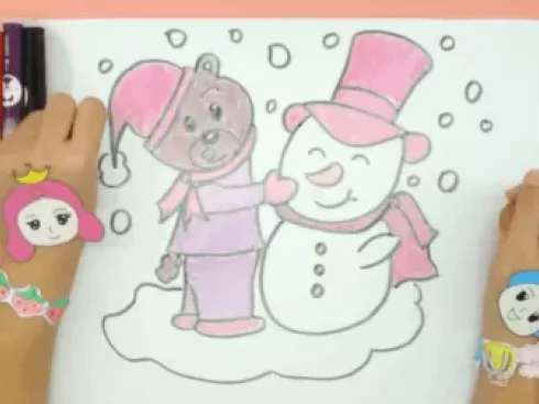 儿童学画画:小熊堆雪人 卡通画简笔画涂鸦教程