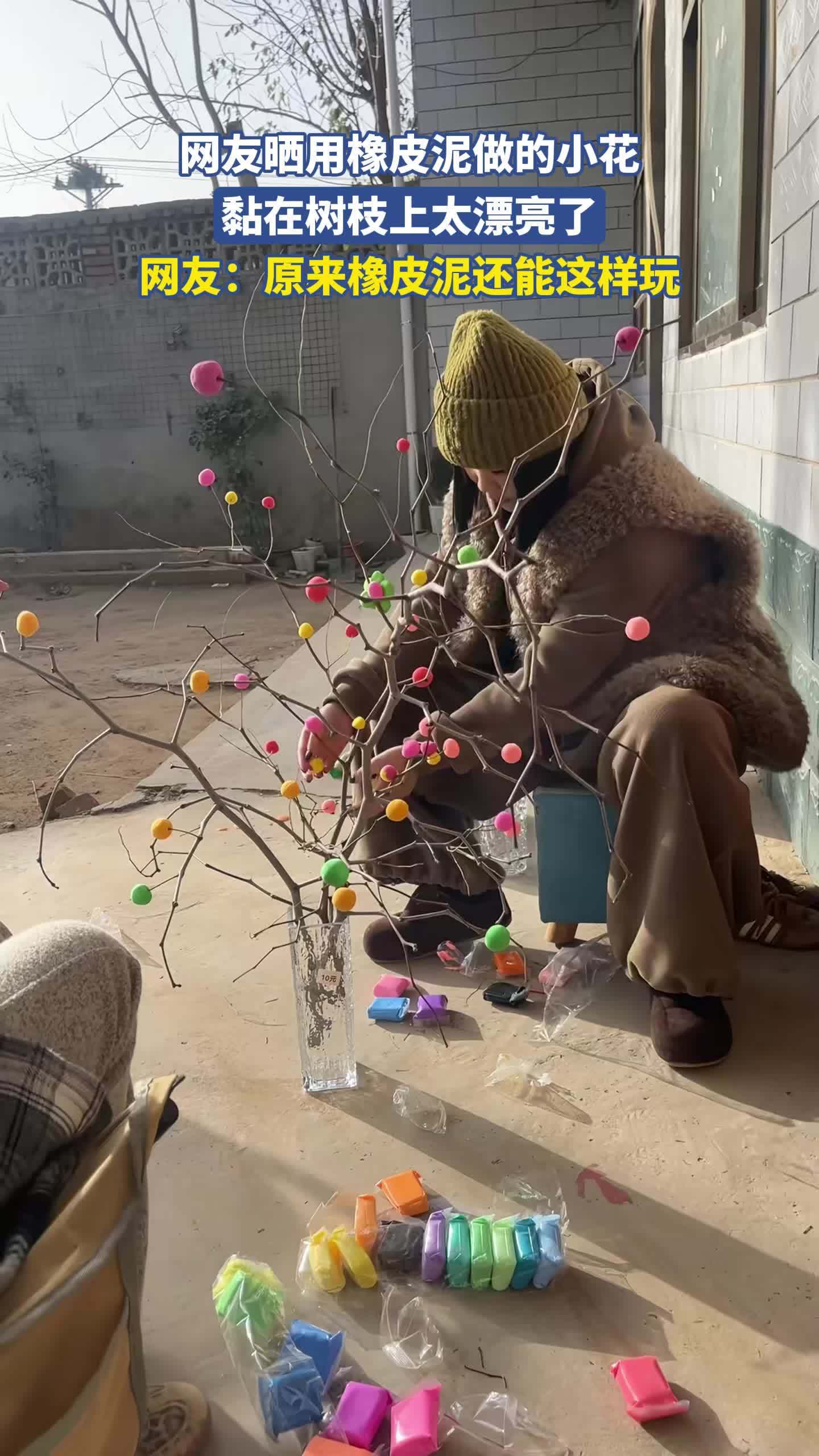网友晒用橡皮泥做的小花,黏在树枝上太漂亮了