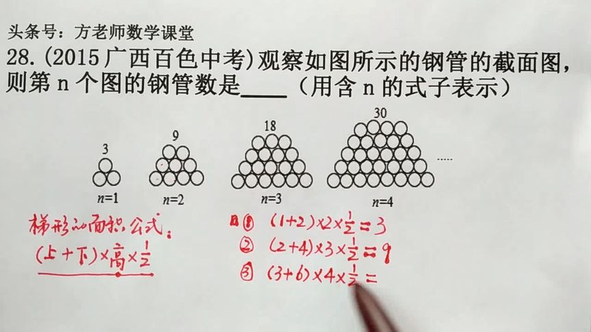 数学7上:找规律,如何用梯形面积公式,求第n个图形中钢管根数?