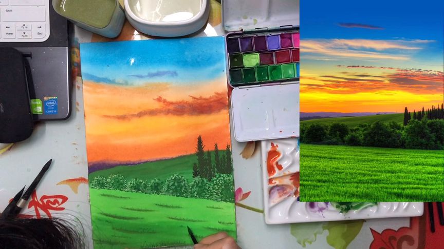 水彩小风景教学视频,水彩风景简单教程,水彩风景绘画过程分享