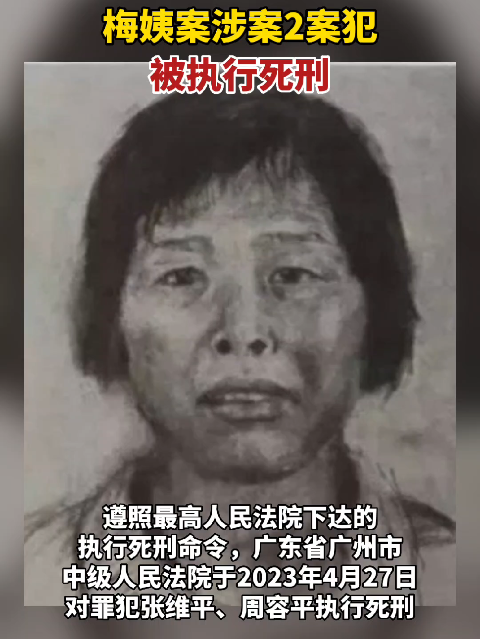 梅姨案涉案2案犯被执行死刑
