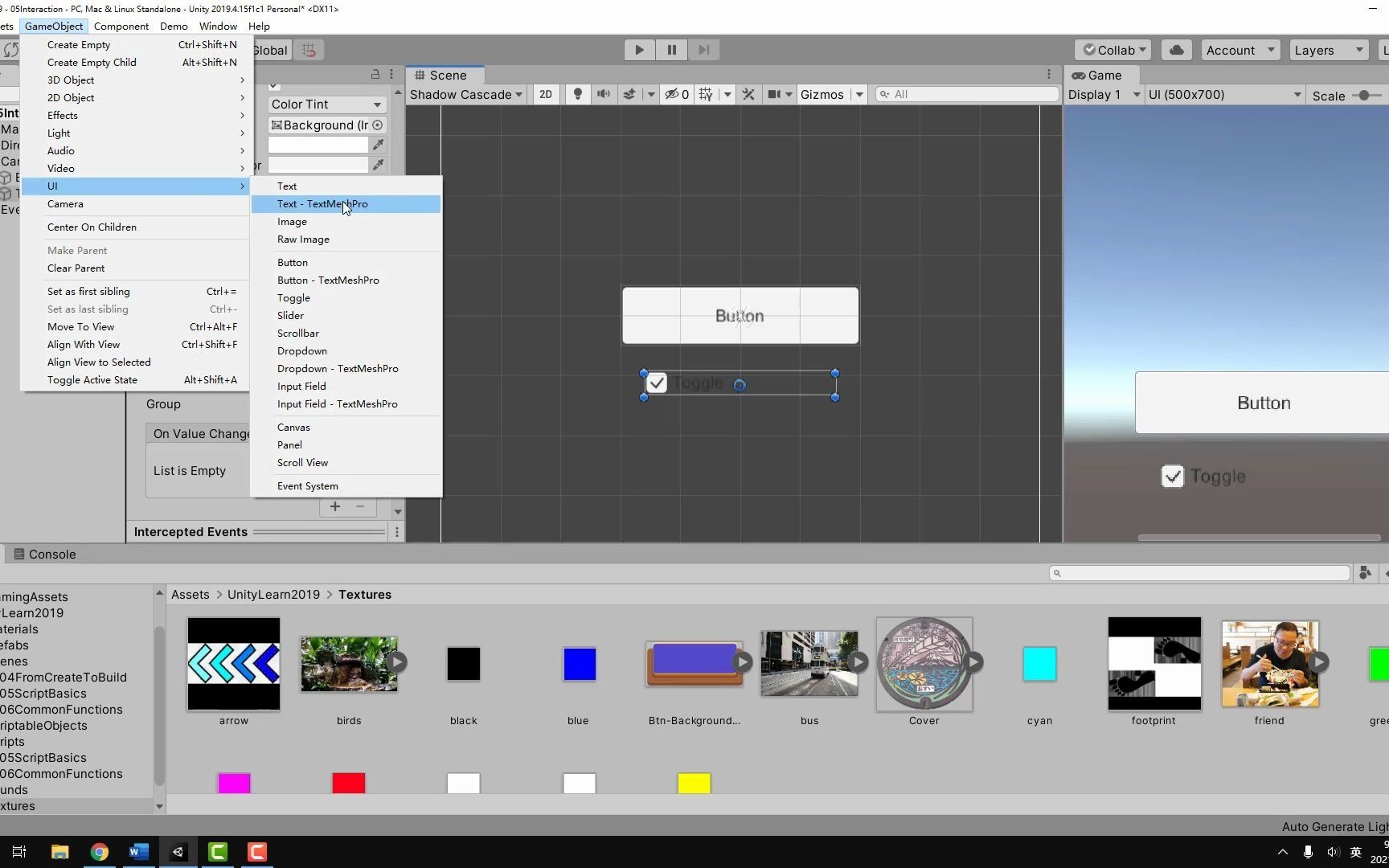 Unity2019新手教程6.2.5--Unity UI的交互游戏对象