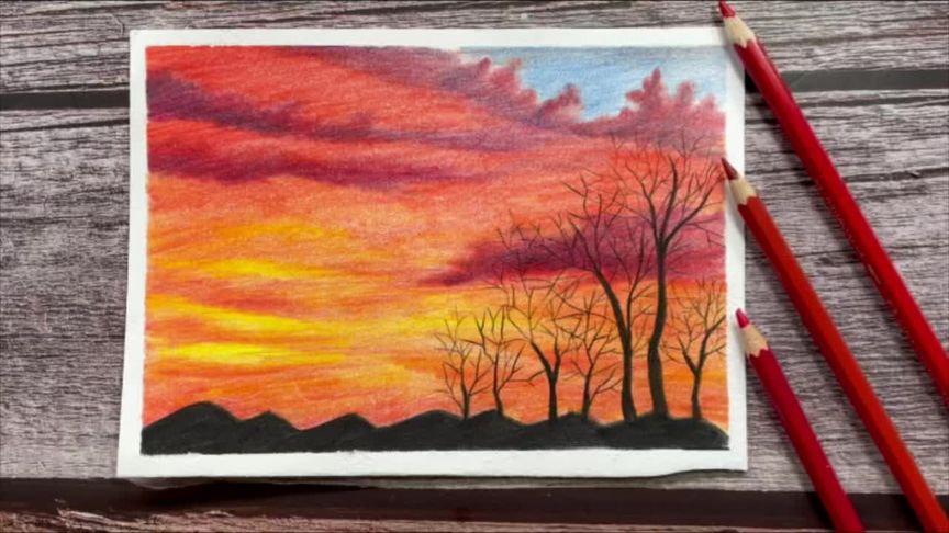 唯美彩铅风景绘——落日晚霞～#绘画过程 #一起学画画 #彩铅画