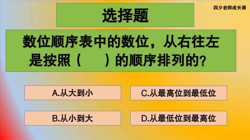 四年级数学:数位顺序表从右往左是按照()的顺序排列的?