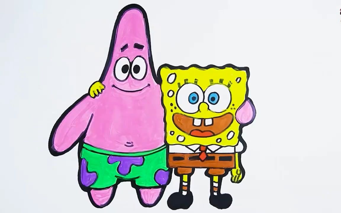 海绵宝宝和派大星图画 ,认真上色绘制出