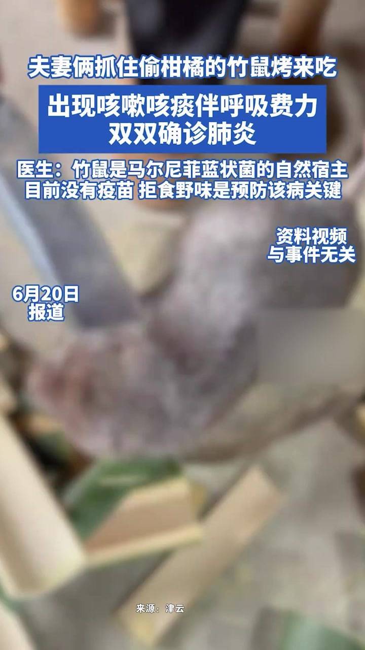 夫妻俩抓住偷柑橘的竹鼠烤来吃,出现咳嗽咳痰伴呼吸费力,双双确诊肺炎