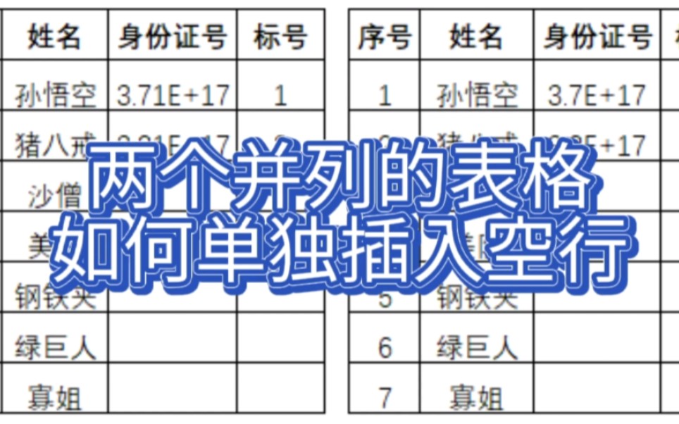 两个并列的表格如何单独插入空行