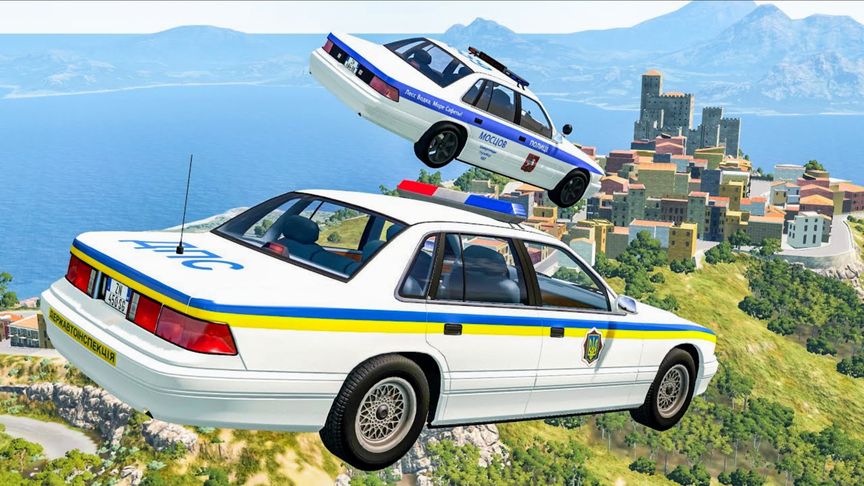 BeamNG;模拟小轿车开足马力飞跃悬崖撞车,摔个稀巴烂画面够酸爽