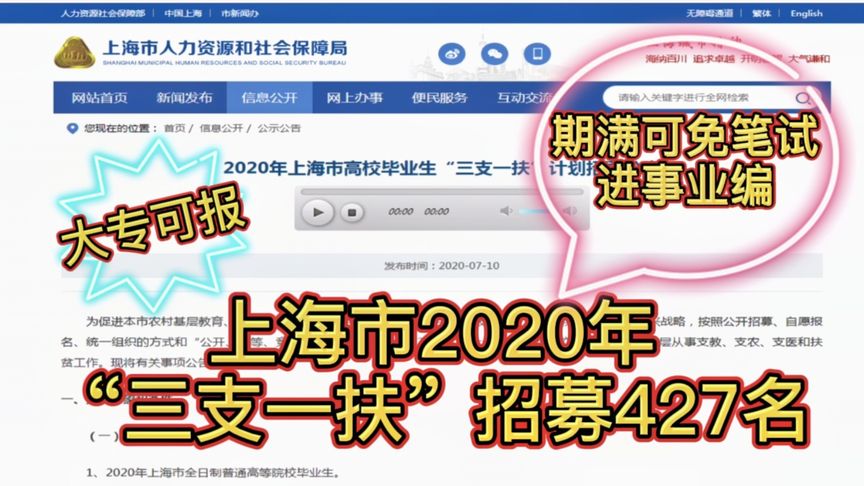 上海市招“三支一扶”427名!大专可报,享考编就业升学优惠政策