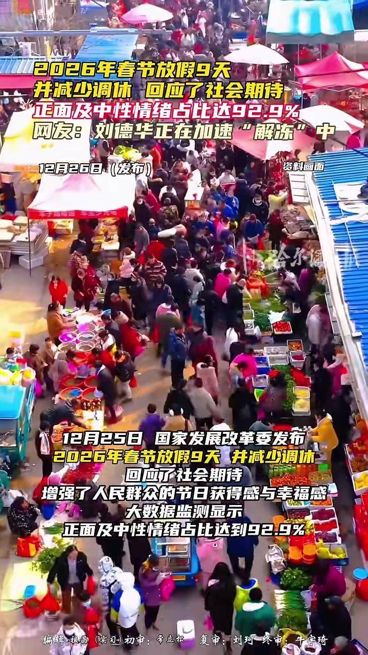 2026年春节放假9天并减少调休,回应了社会期待,正面及中性情绪占...