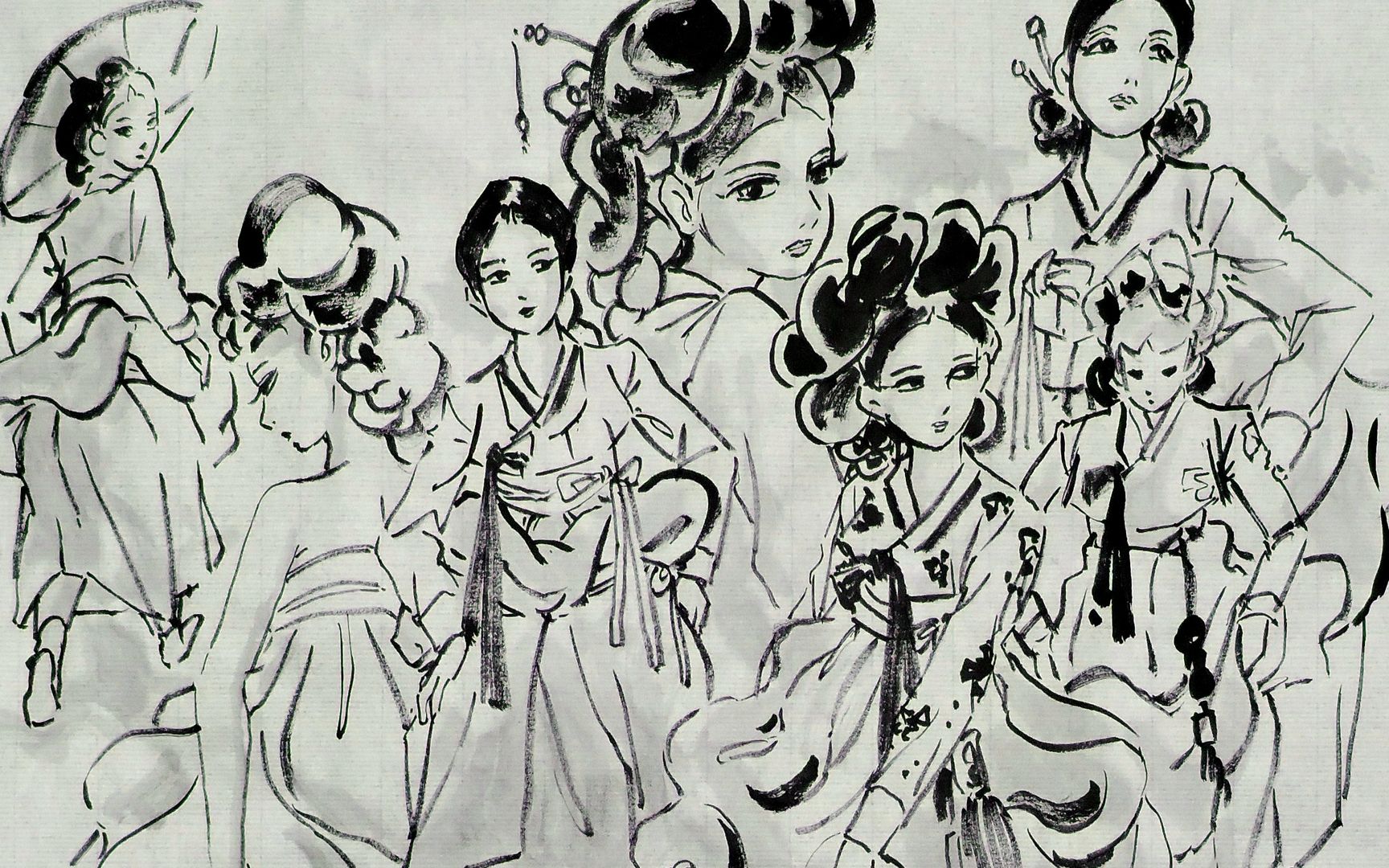 古典女人 水墨白描画