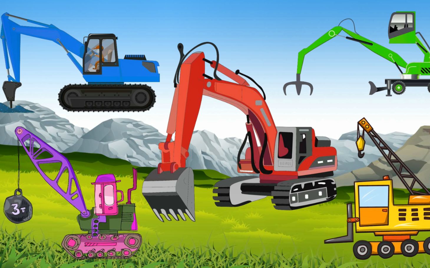 液压工程车早教:破碎机,挖掘机,吊机