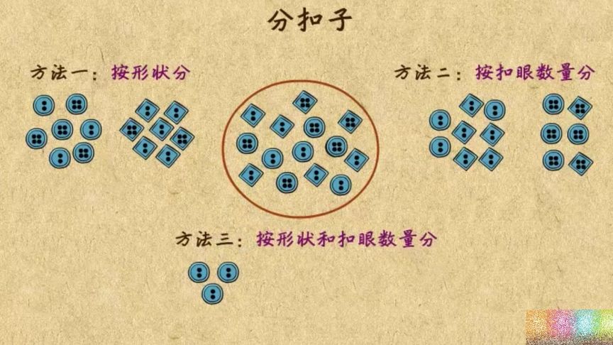 小学一年级数学:通过分扣子游戏,结合日常物品学会分类归类常识
