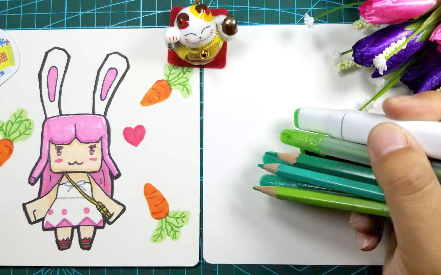 将迷你世界中粉丝系的兔美美画成绿色系,对比之后哪个更好看?