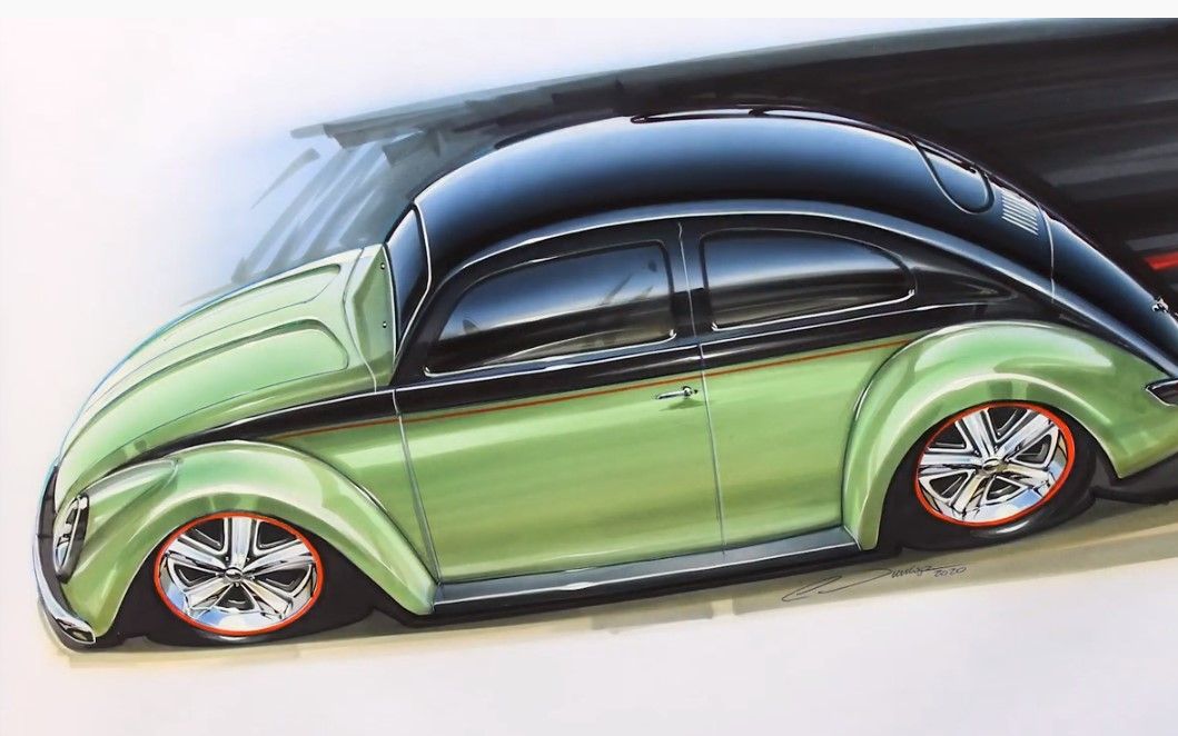 【工业产品设计手绘】产品手绘马克笔和喷漆枪绘制经典甲壳虫汽车