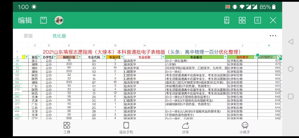 2021年山东高考志愿填报绿皮本excel版本合成2020年录取分,方便筛选。